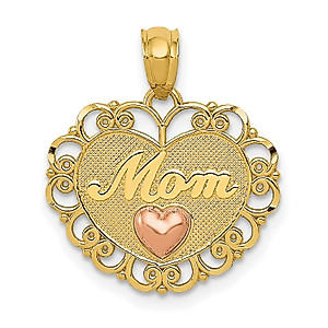 14k Two-Tone Mom Word Small Rose Gold Heart On Large Yellow Gold Filigree Border Heart Pendant 20 mm x 17 mm