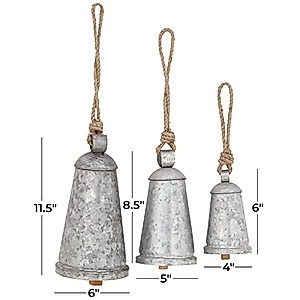 Deco 79 Metal Tibetan Inspired Meditation Decorative Cow Bell with Jute Hanging Rope, Set of 3 12",9",6"H, Gray