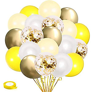 Yellow White Gold Confetti Balloons - 60 Pack 12 inch Pastel Yellow Latex Party Balloon for Sunflower Honeybee Theme, Birthday, Baby Shower, Wedding Decorations