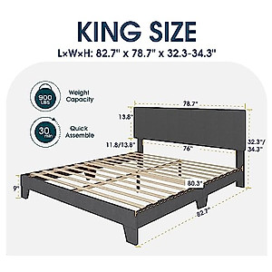 WEEWAY King Upholstered Platform Bed Frame with Adjustable Headboard and Strong Wooden Slats, Heavy-Duty Mattress Foundation, No Box Spring Needed, Easy Assembly, Dark Grey