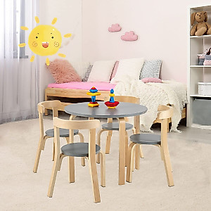UJOYPAYD 5-Piece Kids Table Chair Set, Bentwood Toddler Round Table & 4 Chairs,Wooden Activity Table W/Curved Back Chairs,Children Furniture Set for Playing, Craft Art, Drawing, Reading (Gray)