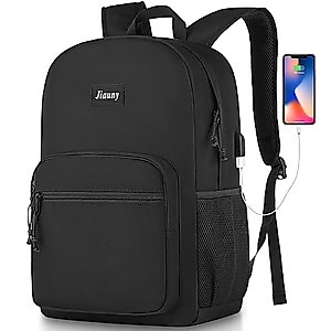 Jiauny School Backpack,Lightweight Bookbag Classic Scoolbag Laptop Backpack with USB Charging Port for High School Teens College Students Work Office Adult,Black
