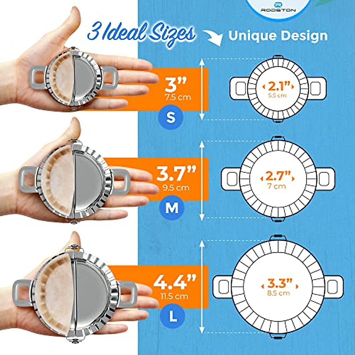 Dumpling Maker Press Set of 3 Molds – BONUS Pastry Mat, Empanada Press for Cooking Pierogi Ravioli Turnover Wrappers, Stainless Steel Dumpling Mould - Pack of 3 Sizes with Silicone Dough Mat