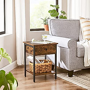 VASAGLE Nightstand, End Table, Side Table with Drawer and Shelf, Bedroom, Easy Assembly, Steel, Industrial Design, Rustic Brown and Black ULET55BX