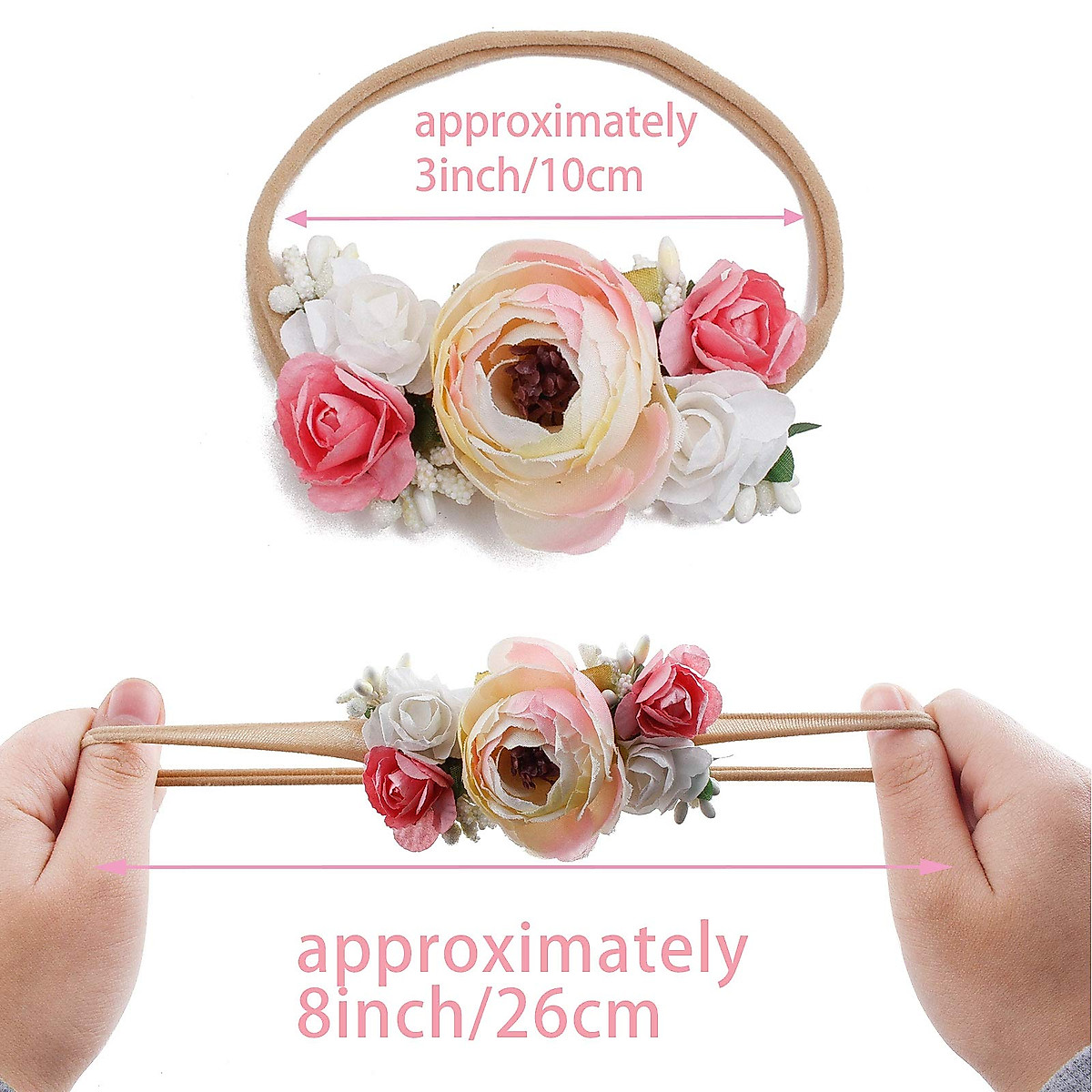 mligril Baby Girl Floral Headbands- 3pcs Nylon Headband Handmade Flower Crown Elastic Hairband Newborn Toddler Hair Accessories Gifts for Girls （1-6 years old）