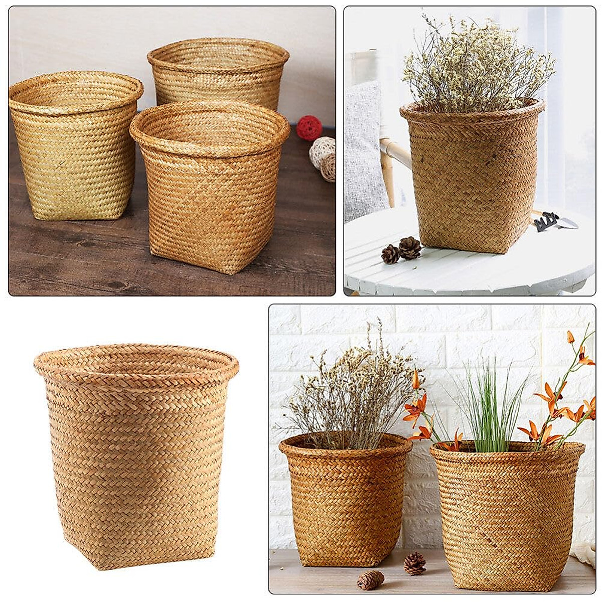 GANAZONO Straw Woven Trash Can, Wicker Waste Bin 12 Inch Small Handmade Planter Rustic Flower Pot Round Waste Basket Farmhouse Garbage Can for Bathroom Desktop Rubbish
