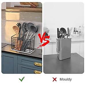 Jeasor Utensil Holder for Kitchen Counter, Metal Utensil Holder Rack for Kitchen Countertop, Cooking Tools Storage for Spatula, Utensil Organizer with Sturdy Base, and Drainage Hole (Black Marble)