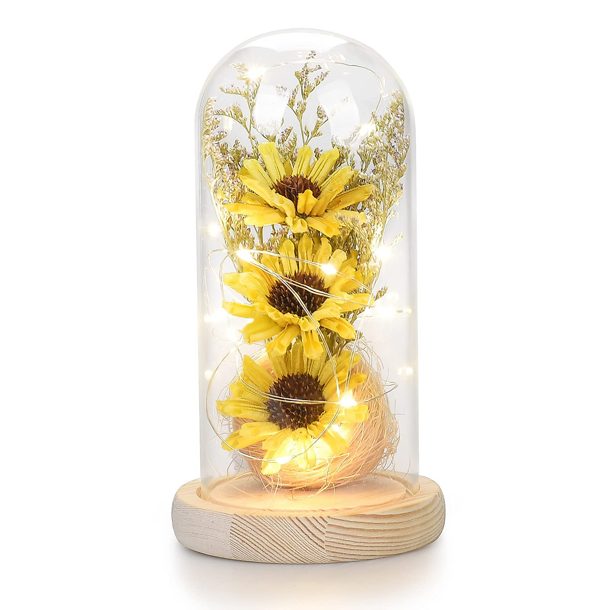 Sunflower Gifts for Women, Sunflowers Artificial Flowers in Glass Dome with LED Strip, Birthday Gifts for Mom & Grandma, Sunflower Decor on Mother's Day, Christmas, Valentine's Day (Yellow)