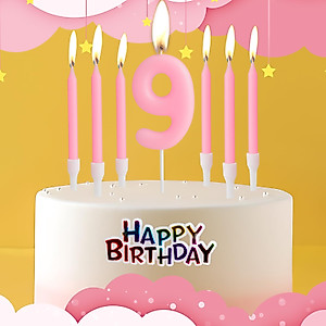 Macaron Pink Birthday Candle, Number 5 Candle with 6 Pcs Macaron Pink Short Thin Birthday Candles for Cake, Pink Cake Topper for Girl Women Pastel Sweet Happy Birthday Party Decorations Supplies