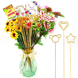 Aohcae 30 Pcs Metal Wire Floral Place Card Holder, Gold Floral Card Holder Picks Photo Picture Memo Gift Card Holder for Flower Arrangement Wedding, Birthday, Party Favor(Heart+Star+Mickey)