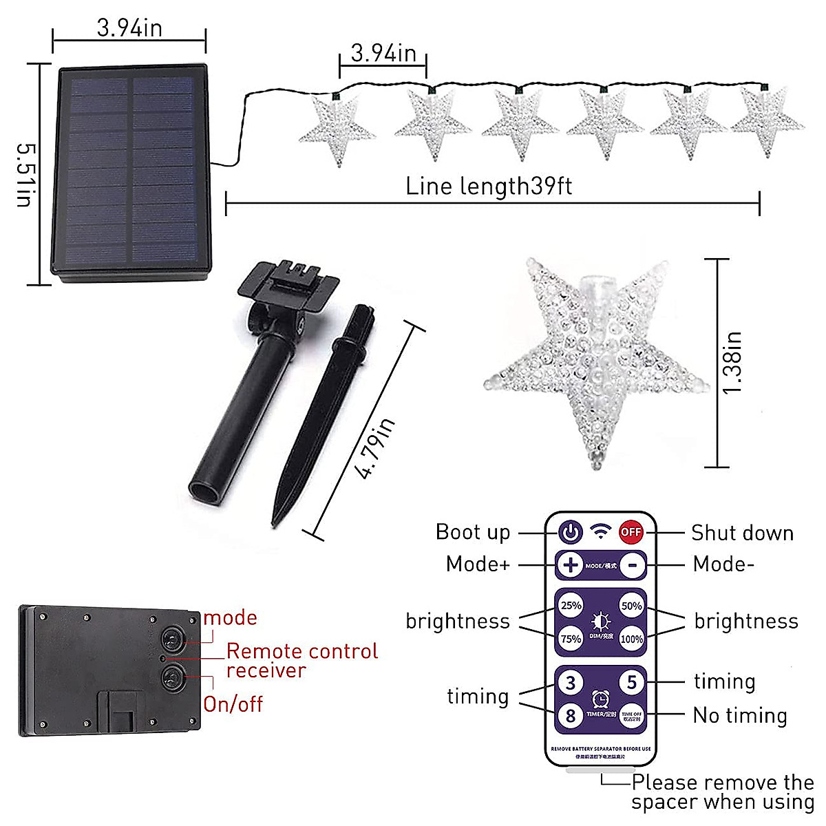 Solar star string lights, 39Ft 100LED, solar fairy lights with remote control 8 lighting modes, outdoor waterproof star flashing lights, suitable for home/party/garden/wedding/Christmas (warm white)