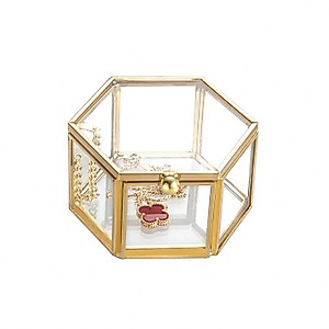 Feyarl Small Gold Glass Jewelry Trinket Tiny Box Ornate Ring Earring Display Box Keepsake Organizer Case Artificial Flower Petals Decorative Box Valentine Wedding Birthday Gift