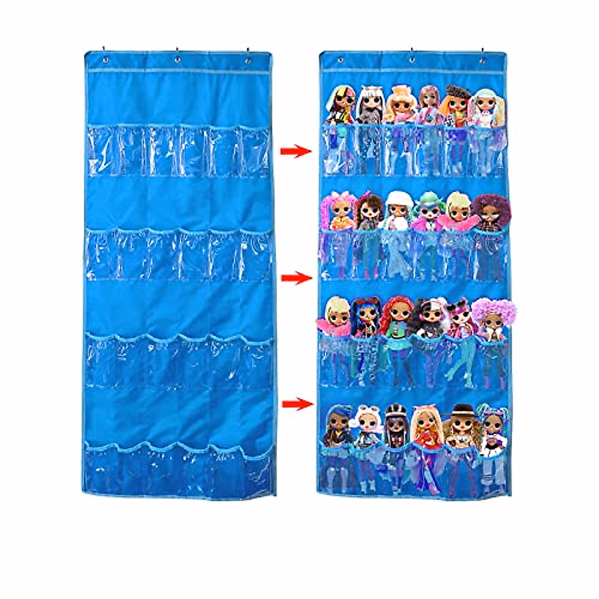 AGUDOU Hanging Over Door Toy Storage Organizer Bag, Hanging 24 Clear View Pockets (Toys Not Included), Best for Keeping Rooms Clean, Compatible with LOL OMG Doll,Barbie Doll, Supply Doll etc (Blue)