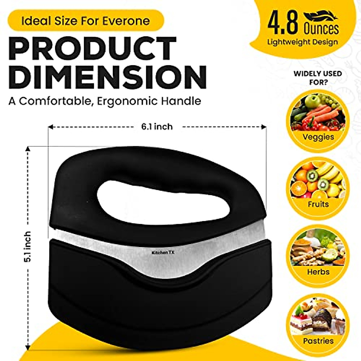 Kitchen TX Premium Pizza Cutter Rocker - Sharp Stainless Steel Pizza Knife with Cover - Pizza Slicer with Ergonomic Silicone Handle - Cheese Cutter, Chopper & Mincer - Dishwasher Safe & Easy to Clean