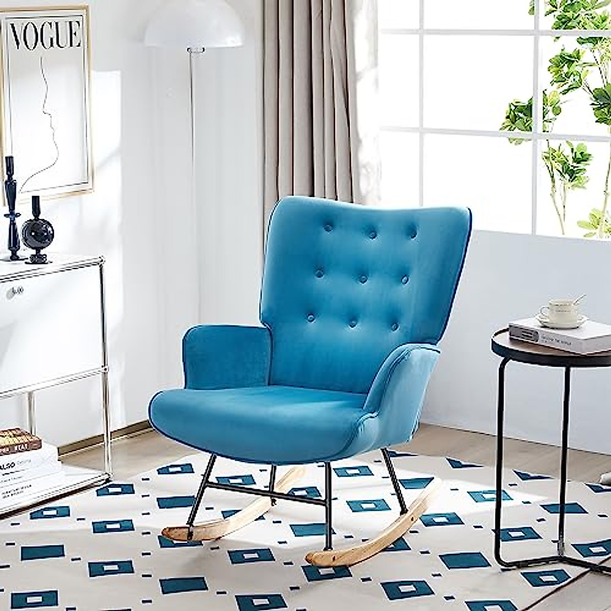 Kosydown Basic Blue Rocking Chair, Velvet Rocking Chair Nursery, Upholstered Comfy Armchair with High Backrest for Living Room Bedroom Offices, Solid Wood Legs Reading Chair