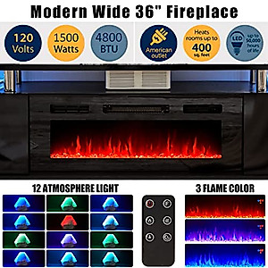 Amerlife Fireplace TV Stand with 36" Fireplace, 70" Modern High Gloss Entertainment Center LED Lights, 2 Tier TV Console Cabinet for TVs Up to 80", Black