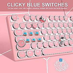 Camiysn Typewriter Style Mechanical Gaming Keyboard, Pink Retro Punk Gaming Keyboard with White Backlit, 104 Keys Blue Switch Wired Cute Keyboard, Round Keycaps for Windows/Mac/PC