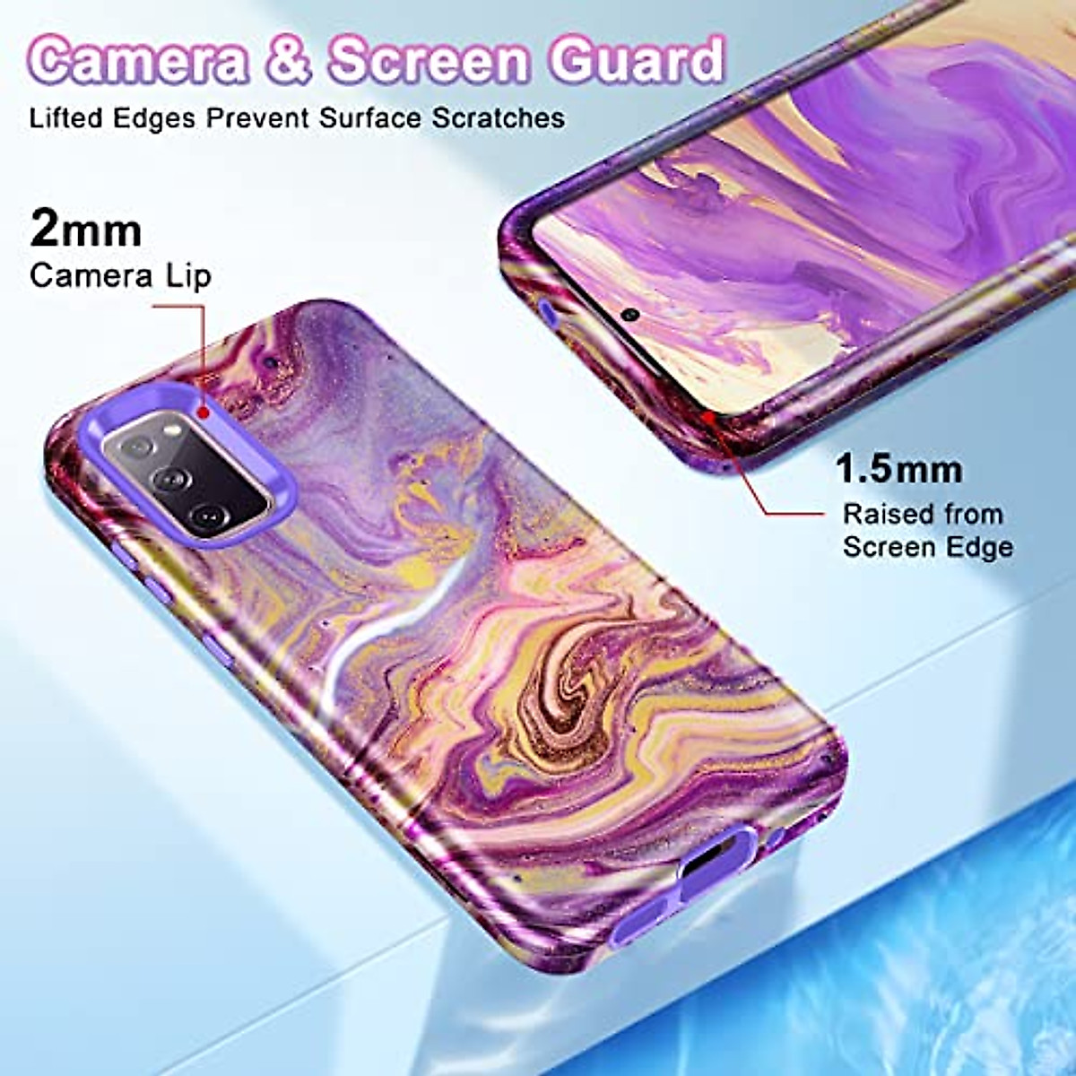 Btscase for Galaxy S20 FE 5G Case, Marble Pattern 3 in 1 Heavy Duty Shockproof Full Body Rugged Hard PC+Soft Silicone Drop Protective Women Girl Covers for Samsung Galaxy S20 FE, Drift Sand/Purple