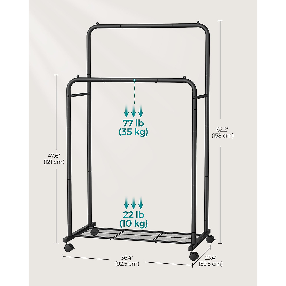 SONGMICS Double Rods Clothes Rack with Wheels, Clothing Rack for Hanging Clothes, Heavy Duty Garment Rack with Mesh Storage Shelf, 2 Brakes, Each Top Rail Holds up to 77 lb, Black UHSR26BKV1