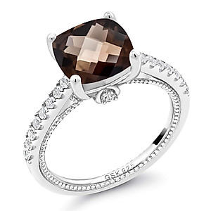 Gem Stone King 925 Sterling Silver Smoky Quartz and White Created Sapphire Engagement Ring For Women (4.12 Cttw, Cushion Checkerboard 10MM, Available in size 5, 6, 7, 8, 9)