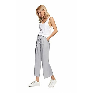 LNX Womens Wide Leg Linen Pants High Waisted Drawstring Flowy Casual Crop Trousers with Pockets Gray