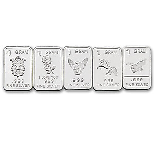 MINT STATE GOLD Three (3) One Gram .999 pure Silver Bars with random designs in a jewelry pouch