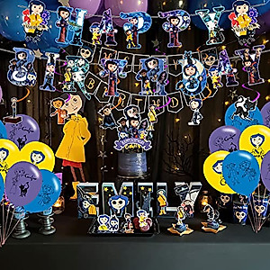 YACANNA Coraline Birthday Party Supplies, Coraline Theme Birthday Party Decorations, Includes Cupcake Toppers Banner ,18 Balloons and Coraline Swirls,Cute Coraline Theme for Birthday Party