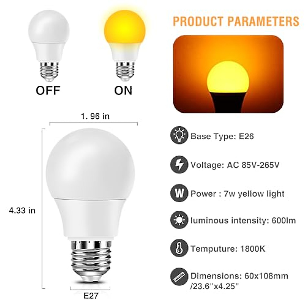 Neporal Amber Light Bulbs, 9W 60W Equivalent A19 Soft Light Bulbs, Blue Light Blocking Warm Light Bulbs, 1800K Amber Night Light Bulbs, Dim Light Bulbs for Healthy Sleep and Baby Nursery Light (3)