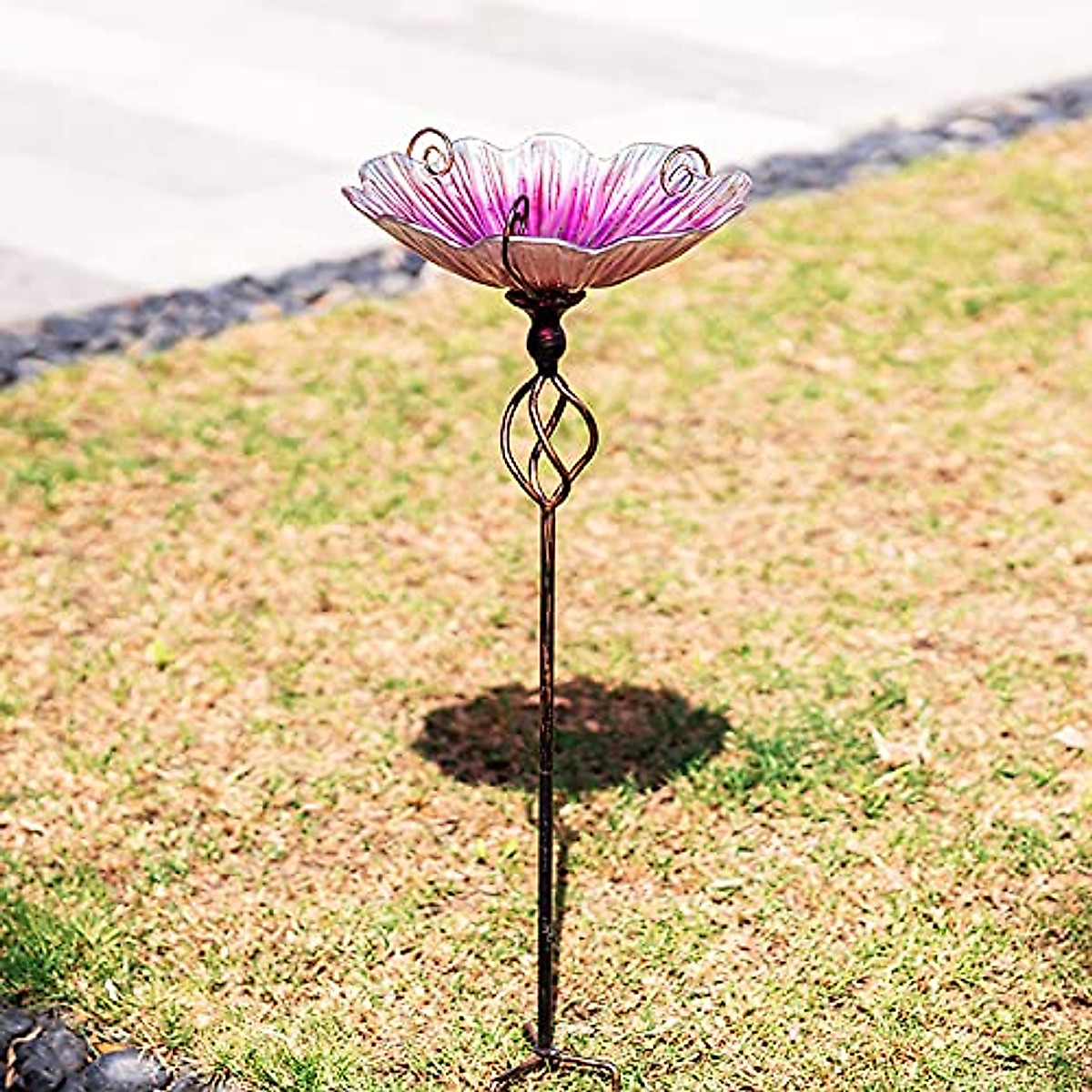 MUMTOP 31 Inch Height Glass Birdbath Birdfeeder with Metal Stake Garden Yard Outdoor Pink