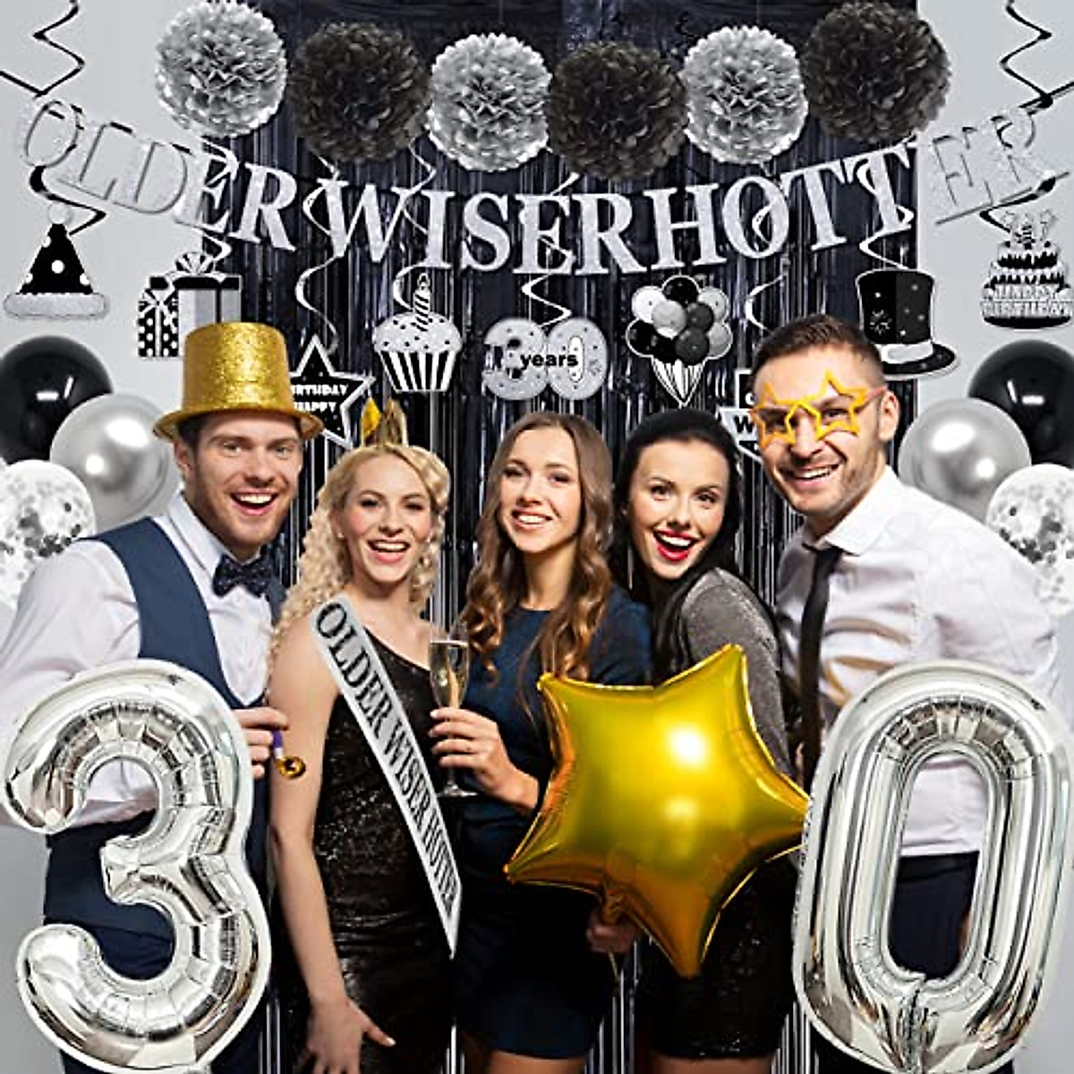 30th Birthday Decorations for Him,Black and Silver Older Wiser Hotter Banner,Sash,Cake Toppers,Hanging Swirl,Foil Fringe Curtain,Happy Birthday Balloons for Men Women Thirty Birthday Party Supplies