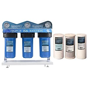 Bluonics Whole House Well Water Triple Filter Home Water Purifier with 3 Stage Filters for Rust, Iron, Sand, Dirt, Sediment Bad Taste/Odor. Heavy-Duty Triple Filter housings 4.5" x 10" housing.