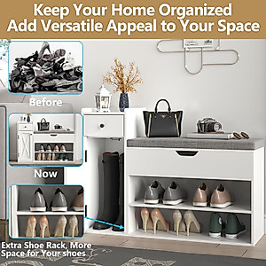 Loomie Shoe Storage Bench, 2-Tier Farmhouse Entryway Bench with Lift Top Storage Box, Drawer & Soft Removable Seat Cushion, Silm Shoe Rack with Shoe Cabinet for Entryway, Hallway, Bedroom, White