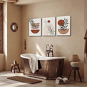 Boho Wall Art Prints, Boho Wall Decor, Mid Century Modern Wall Art, Set of 3 Prints, Abstract Geometric Prints Black Beige Terracotta Minimalist Art, Natural Framed Canvas Prints Artwork For Living Room Bathroom Bedroom Wall Decor