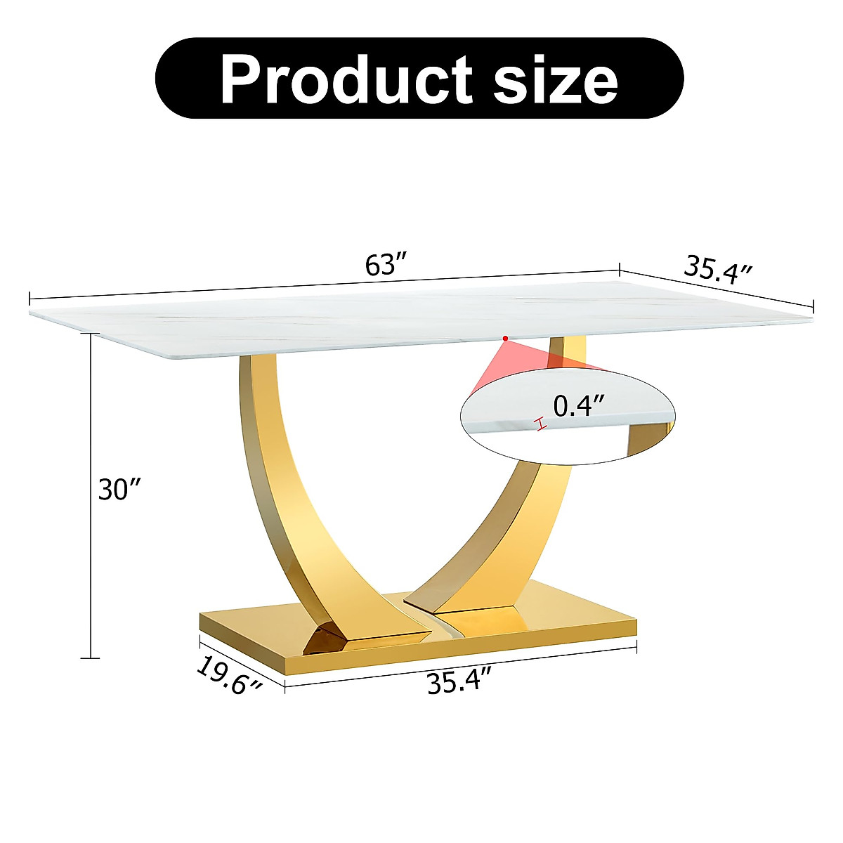 HAIZAO 63 inch Glass Dining Table for 4-6, Rectangular Glass Dining Table with White Marble Grain Tempered Glass Tabletop, Glass Kitchen Table with U-Shaped Metal Bracket for Dining Room Kitchen