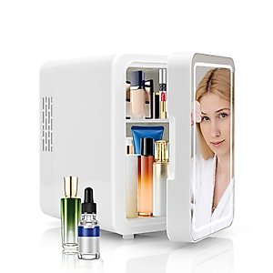 FETIONS Mini Skincare Fridge with Adjustable LED Make Up Mirror, Portable Refrigerator 4L/6 Can Cooler & Warmer, Compact for Skincare,Food and Drinks, Small Fridge for Bedroom,Dorm,Car,Office, White