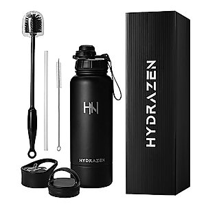 Hydrazen Black Sports Water Bottle With Storage -32 Oz, 3 Lids (Straw Lid, Locking Lid), Cleaning Brushes, Double Walled, Vacuum Insulated Stainless Steel, Thermos, Leak Proof, Flask Water bottles