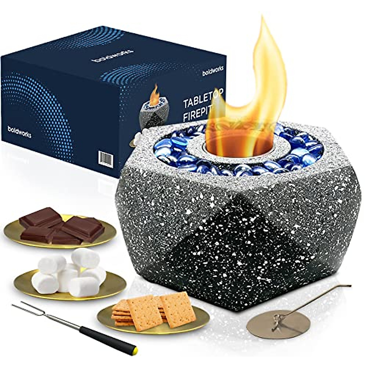 Tabletop Fire Pit Table Top Firepit Indoor Fire Pit Tabletop Fireplace with Collapsible Skewer 3 Golden Plates Portable to Outdoor Patio Balcony to Roast Smores Rubbing Alcohol Fuel 11" Large Bowl