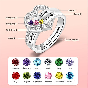 MissNaNa Lady's Gift Custom Mother Birthstone Rings with 1-8 Names Personalized Family Ring Engraved Heart Rings for Women Grandma Wife (3 Stones)