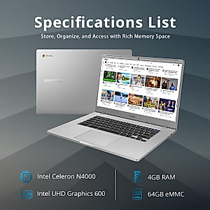 Samsung 4+ Chromebook Laptop, 15.6" FHD LED Display, Intel Celeron N4000, 4GB RAM, 64GB eMMC, HD Webcam, Wi-Fi 5, Bluetooth, Chrome OS, Platinum Titan, 32GB Hotface USB Card