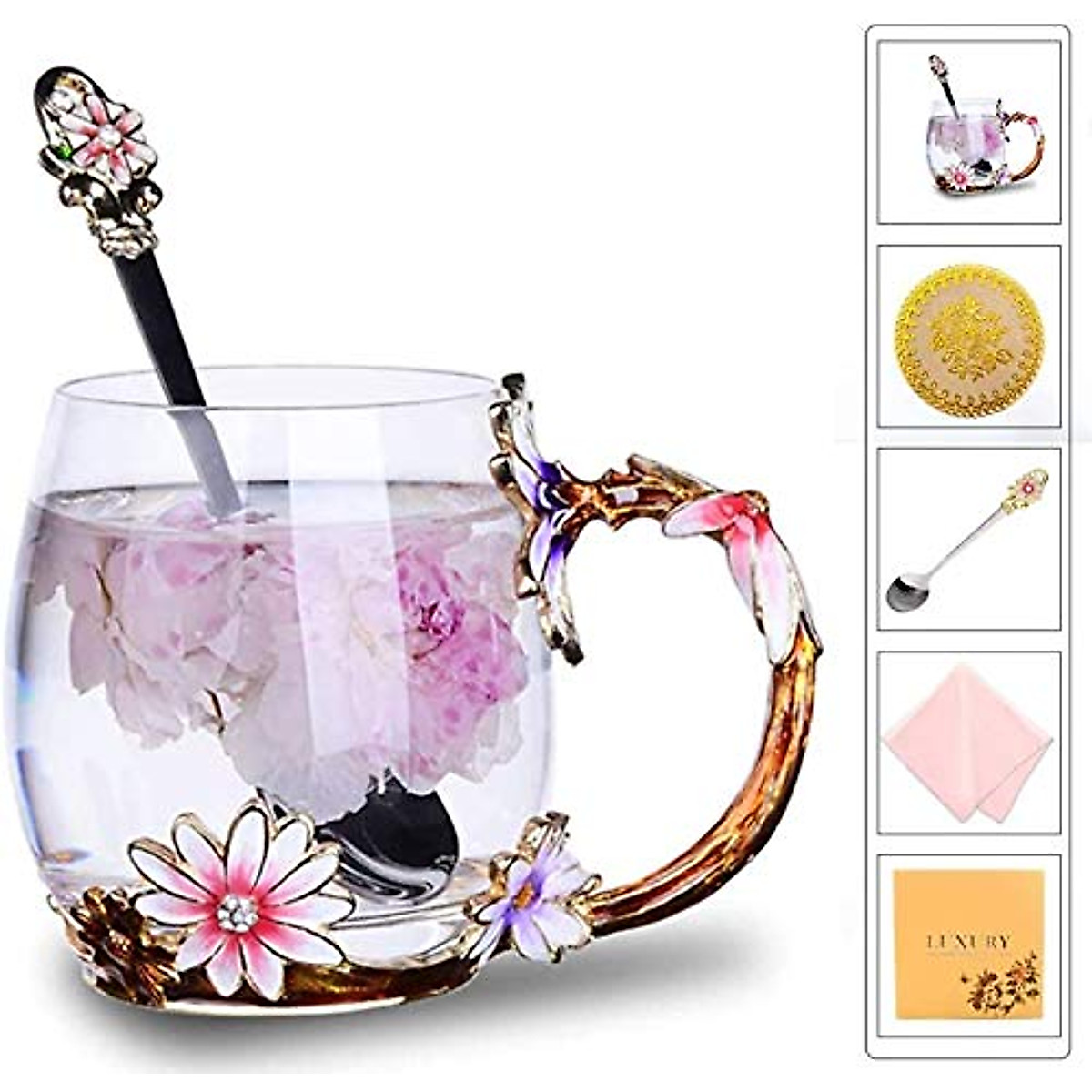 Evecase daisy Flower Glass Mugs Tea Cup with Steel Spoon,Tea Lovers Gifts for Women,Wife,Mom,Female,Friends,Birthday,Mothers Day, valentines day,Christmas
