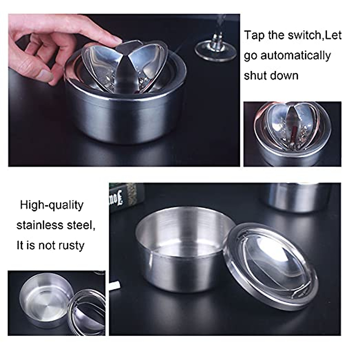 Outdoor Ashtray with Lid, hanlongyu Flip Top Stainless Steel Ash Tray Sets for Weed, Metal Windproof Ashtrays for Cigarettes, Smokers, Desktop Smoking Ashtray Office Patio Home Decor