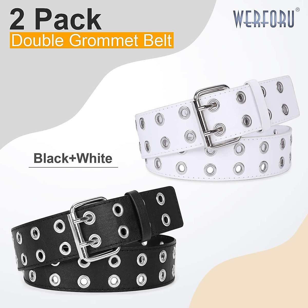 WERFORU 2Pack Double Grommet Belt PU Leather Punk Belt for Women Jeans (suit for pant below 35", A-Black+White)