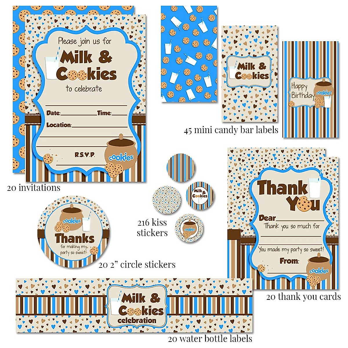Milk and Cookies Boy Birthday Party Bundle Includes 20 each of Invitations & Thank You Cards with Envelopes + 2 Different Sizes of Stickers, Mini Candy Bar Wrappers, & Water Bottle Labels!