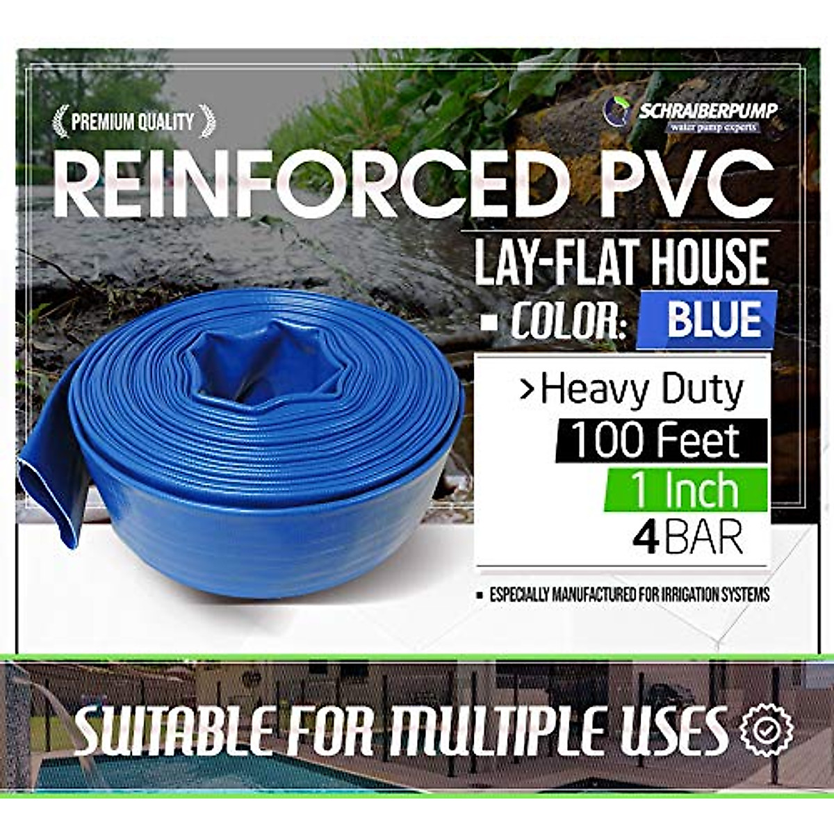 Schraiberpump 1-Inch by 100-Feet- General Purpose Reinforced PVC Lay-Flat Discharge and Backwash Hose - Heavy Duty (4 Bar) 2 CLAMPS INCLUDED