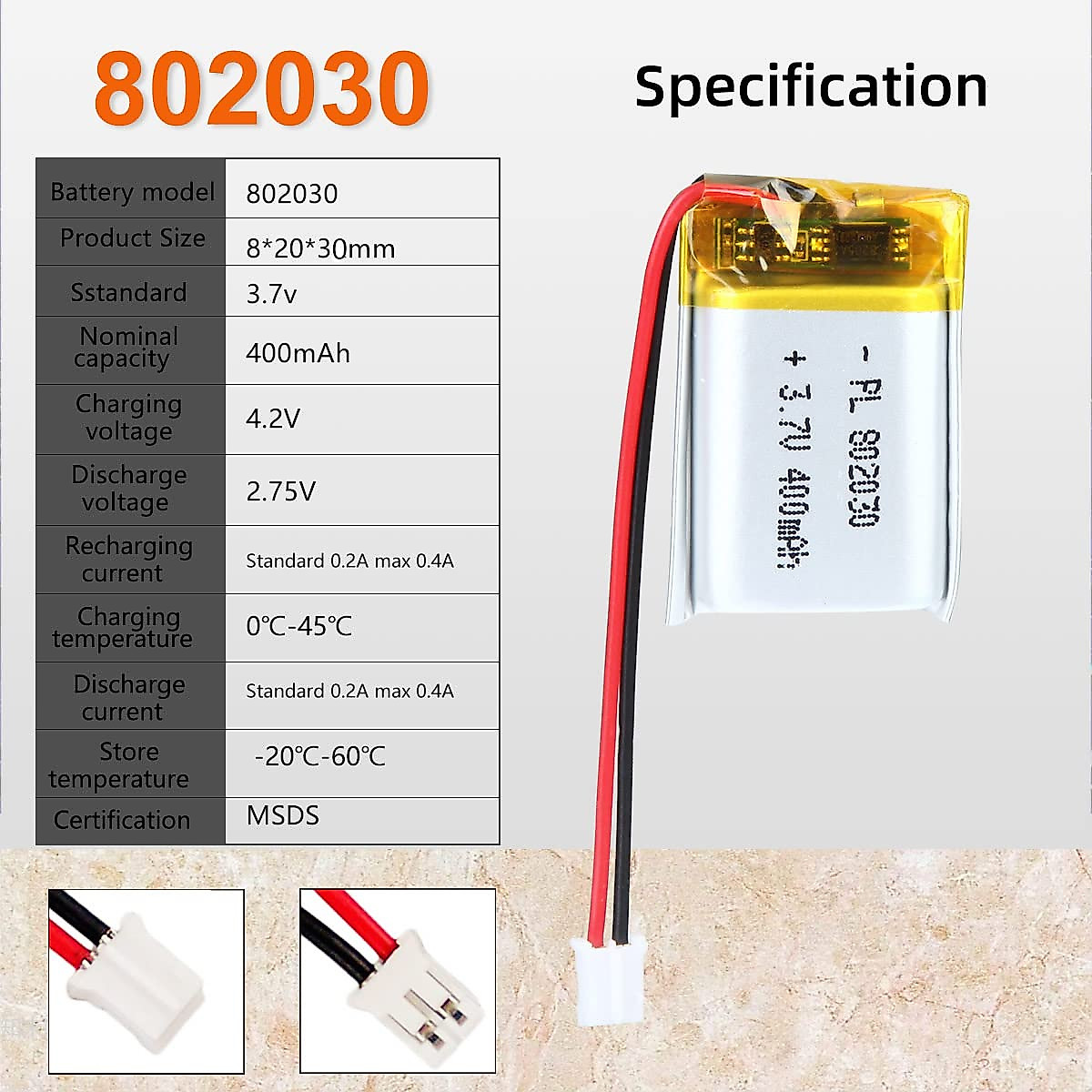 AKZYTUE 3.7V 400mAh 802030 Lipo battery Rechargeable Lithium Polymer ion Battery Pack with PH2.0mm JST Connector