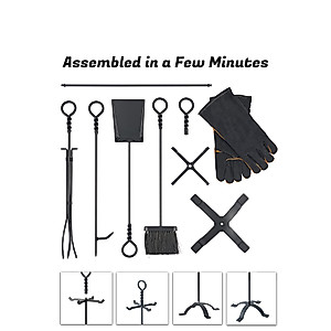 Lichamp Fireplace Tools Set, 5-Pieces Indoor Outdoor Sturdy Fire Place Poker Sets with Retro Handle and Heat Resistant Leather Gloves, FTS55BK