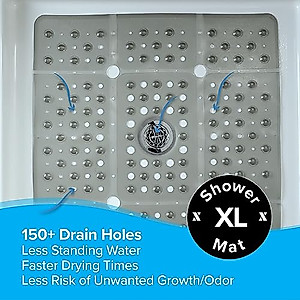 SlipX Solutions Accu-Fit Square Shower Mat, Extra Large 27"x27", Non-Slip Stall Mat for Elderly & Kids Standing Bath Tub Mat, Machine Washable, Suction Cups, Transparent Gray