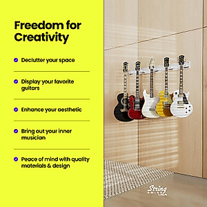 String Swing Guitar Wall Rack, Multiple Guitar Wall Mount, Guitar Organizer for Acoustic & Electric Guitars, 5 Padded Arm Hangers & White Slatwall Rail, Wall Mount Guitar Rack - MADE IN USA