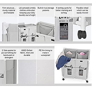 Laundry Sorter Cart with Lid, 110L 2 sections Oxford Cloth Laundry Hamper on Wheels, Laundry Basket for Family Dorm Room Clothing Throws Toys (22.6*13.6*26.6IN)