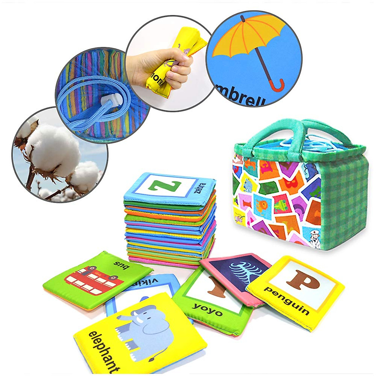 AUVCAS Soft Baby Alphabet Cards 26 Letters Learning Flash Cards with Cloth Bag,Early Educational Toy for Kids Toddlers Babies Infants
